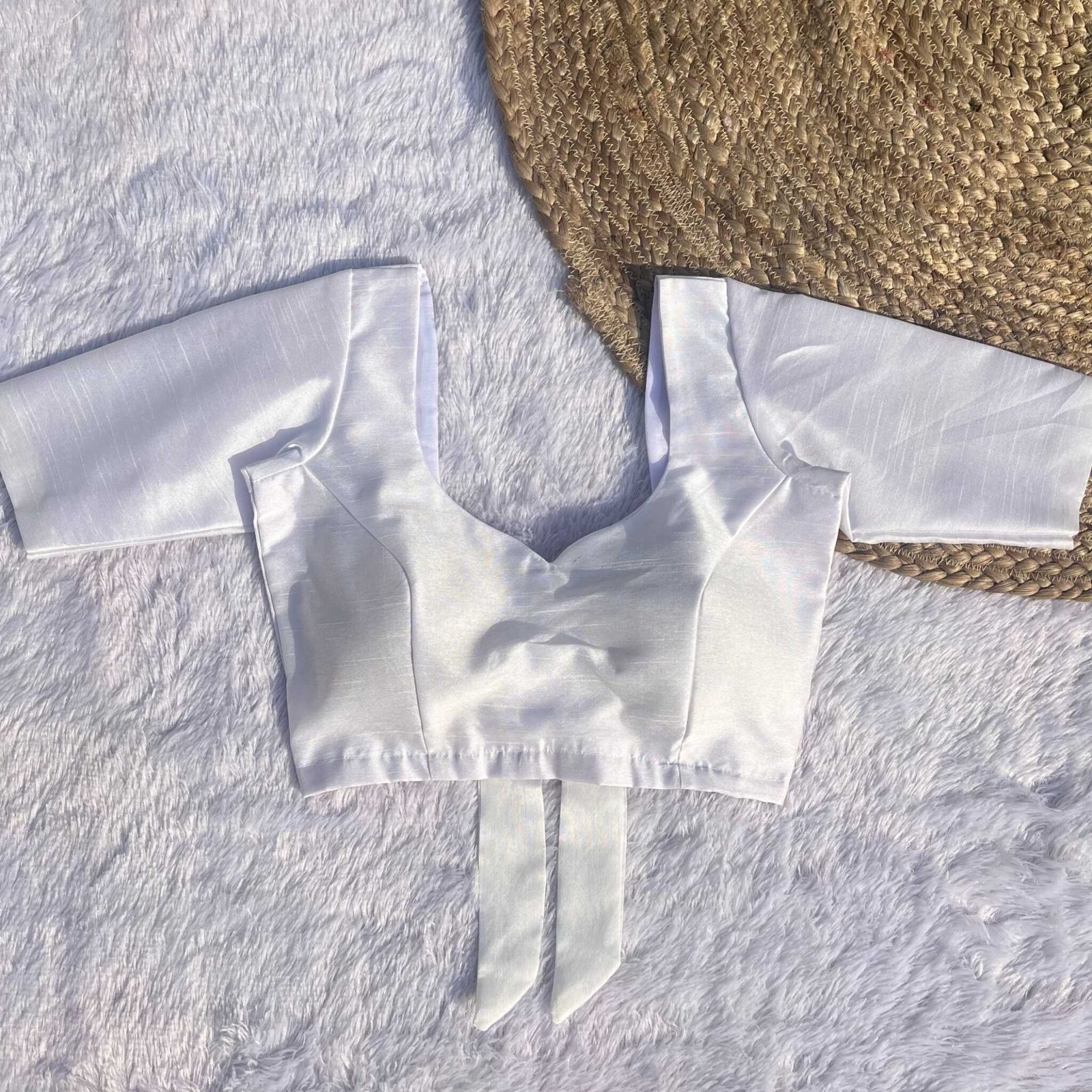 White Sheesh Elbow Sleeves Raw Silk Blouse - barikiyaan